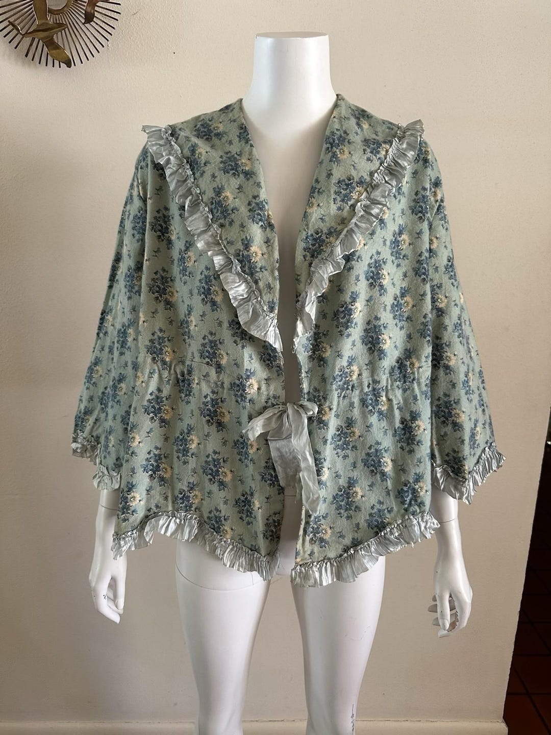 1940s Floral Outing Flannel Bed Jacket Top Satin Ruffle Trim Nightgown ...