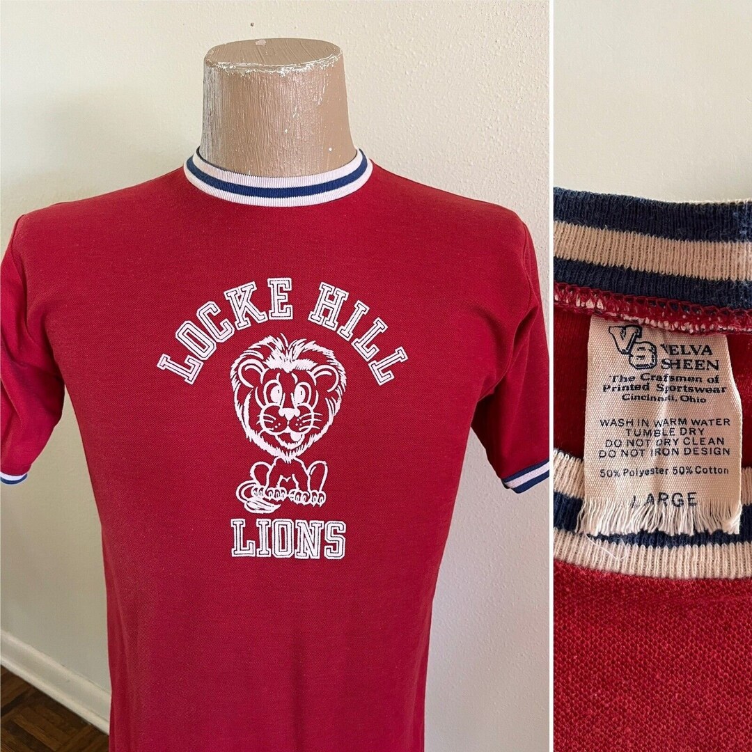 1970s Locke Hill Lions School Mascot T Shirt Gym USA Velva Sheen Retro ...
