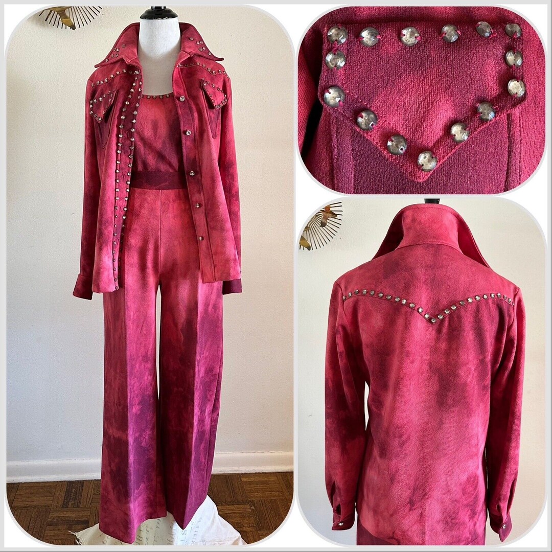 1960s 70s Tie Dye Rhinestone 3 Piece Psychedelic Western Suit Roncelli ...