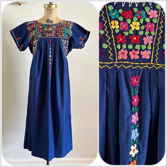 1970s Oaxacan Mexican Huipil Dress Embroidered Boho C… - Gem