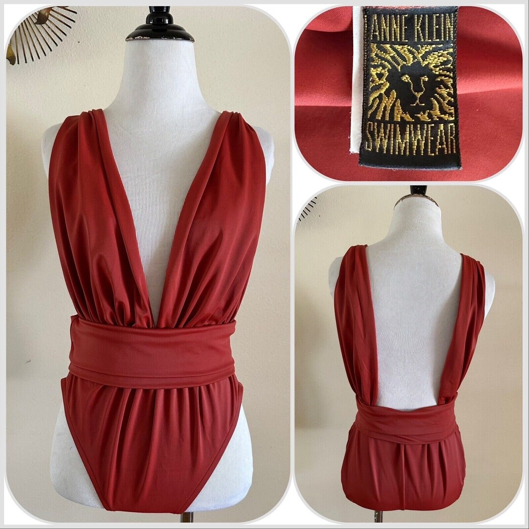 1980s Anne Klein Swimwear Deep V Plunge Belted Bodysuit Swimsuit ...