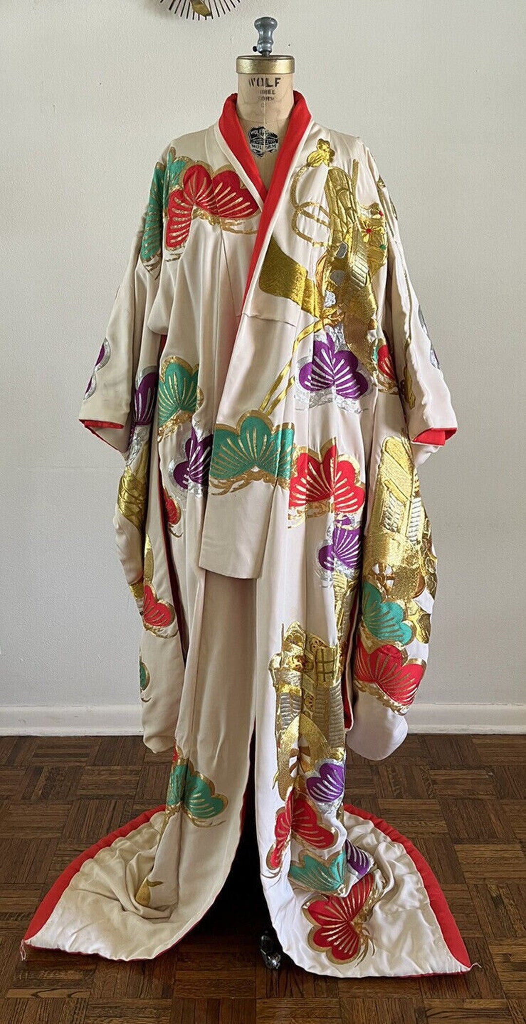 Embroidered Uchikake Kimono Robe: Gold Moth, Butterfly, Flower Cart (AS ...