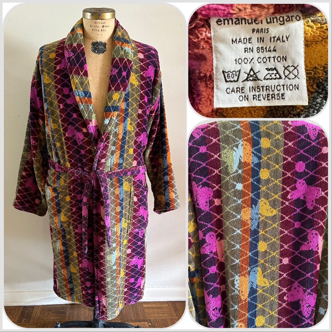 80s Emanuel Ungaro Terrycloth Striped Harlequin Butterfly Bathrobe Robe ...