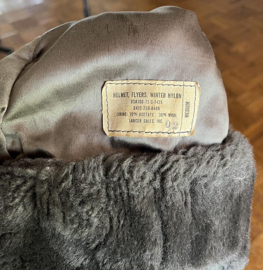1973 US Air Force Winter Nylon Flyers Helmet Cap Sage Green 70s Flight ...