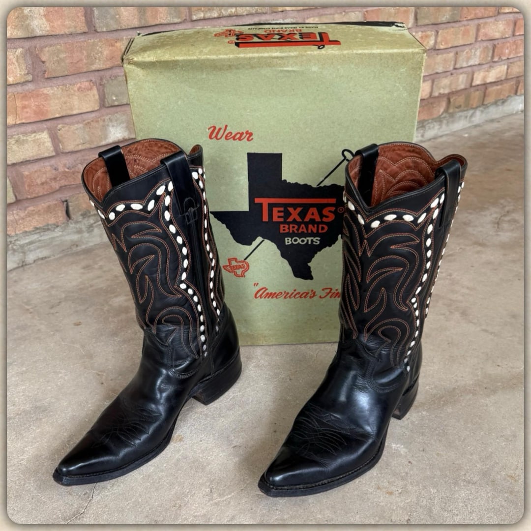 Vintage 1960s TEXAS Brand Cowboy Boots W/ Box: Black Leather Whipstitch ...