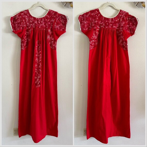 1970s Oaxacan Mexican Huipil Dress Embroidered Floral… - Gem