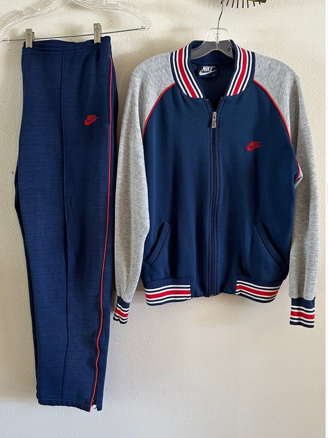 80s NIKE Blue Label Sweat Tracksuit Jacket Pants LARGE Gray Red Jogging ...