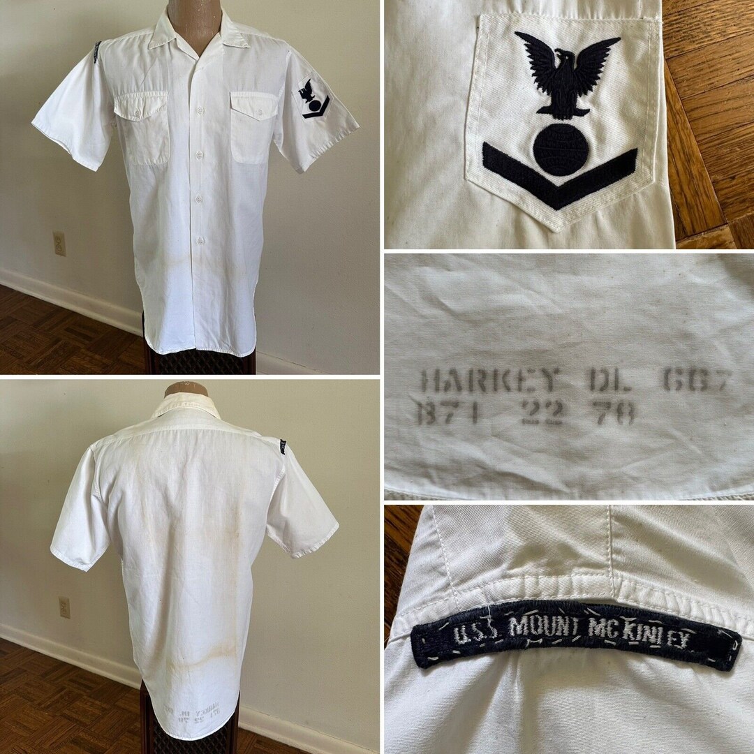1960s USN US Navy Stenciled White Uniform Shirt Electrician Rate Patch ...