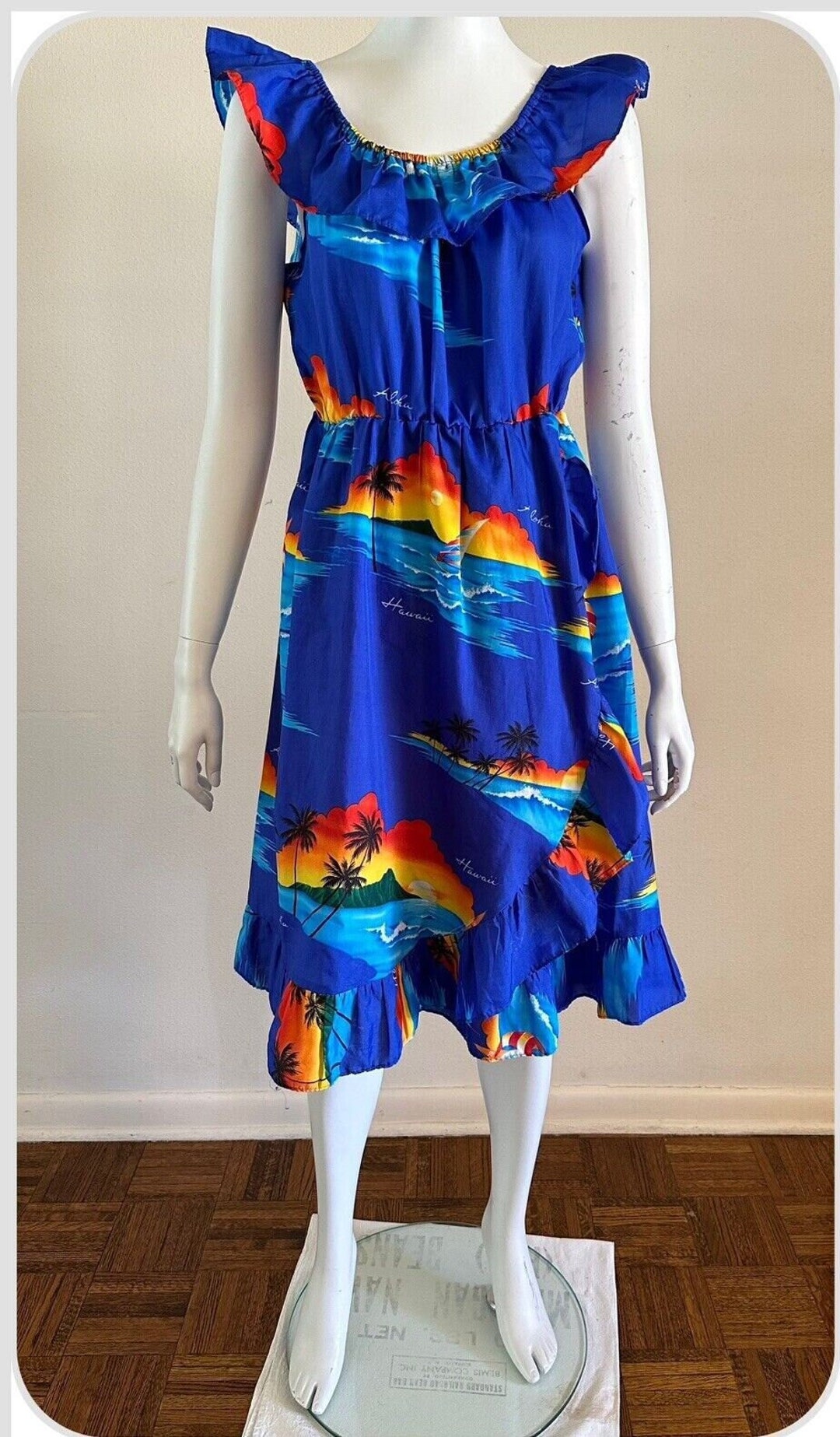 1980s Hawaiian Ruffle Sun Dress Aloha Print Sailboat Sunset Windsurf ...