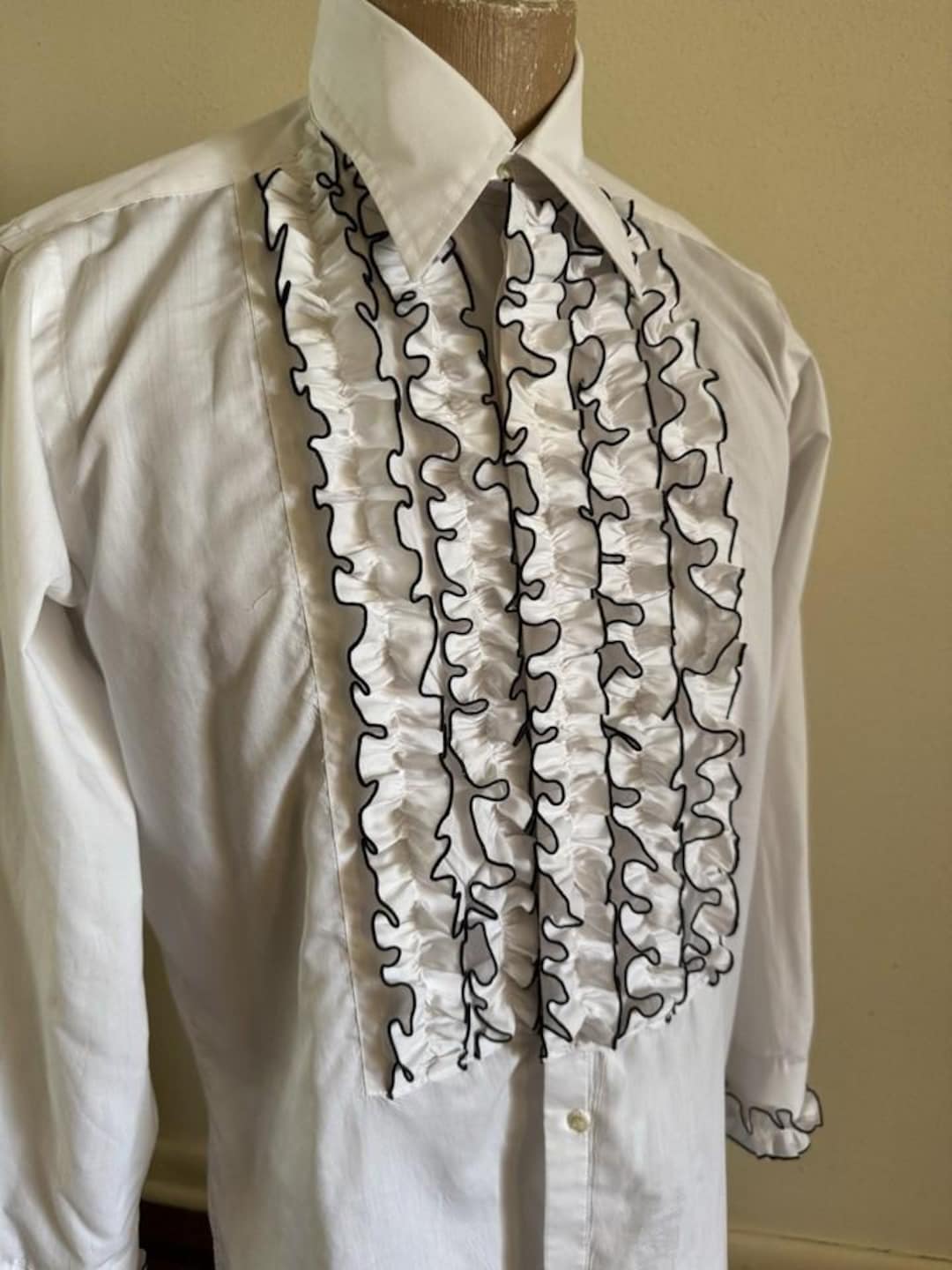 70s AFTER SIX White Black Ruffle Tuxedo Shirt 15.5 - 33 Formal Prom 80s ...