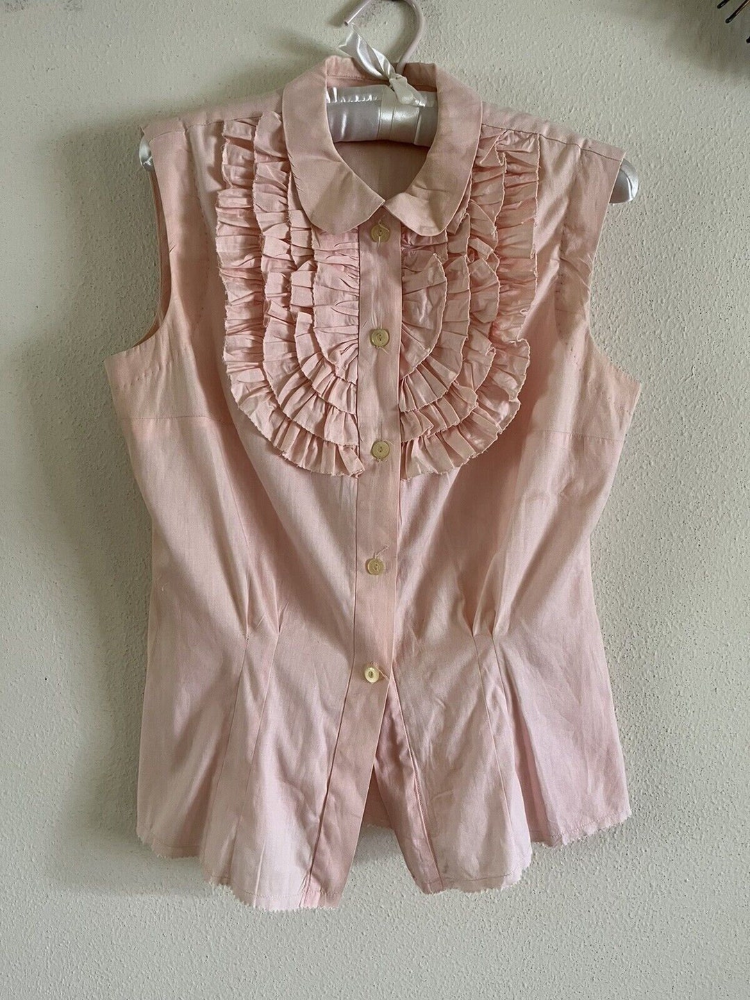 1940s 1950s Bubblegum Pink Ruffle Blouse Top Tuxedo Shirt Peter Pan ...