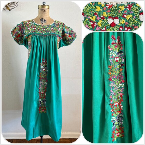 1970s Oaxacan Cotton Mexican Huipil Dress Embroidered… - Gem