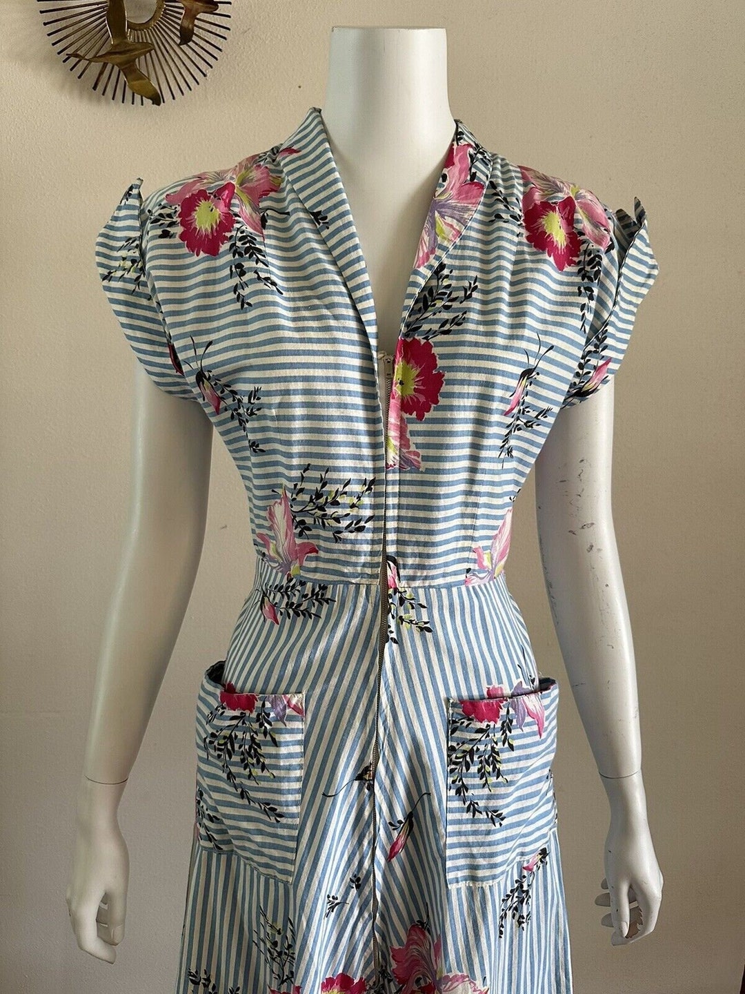 1930s Striped Cotton Chevron Maxi Dress Hawaiian Floral Big Pocket Long ...