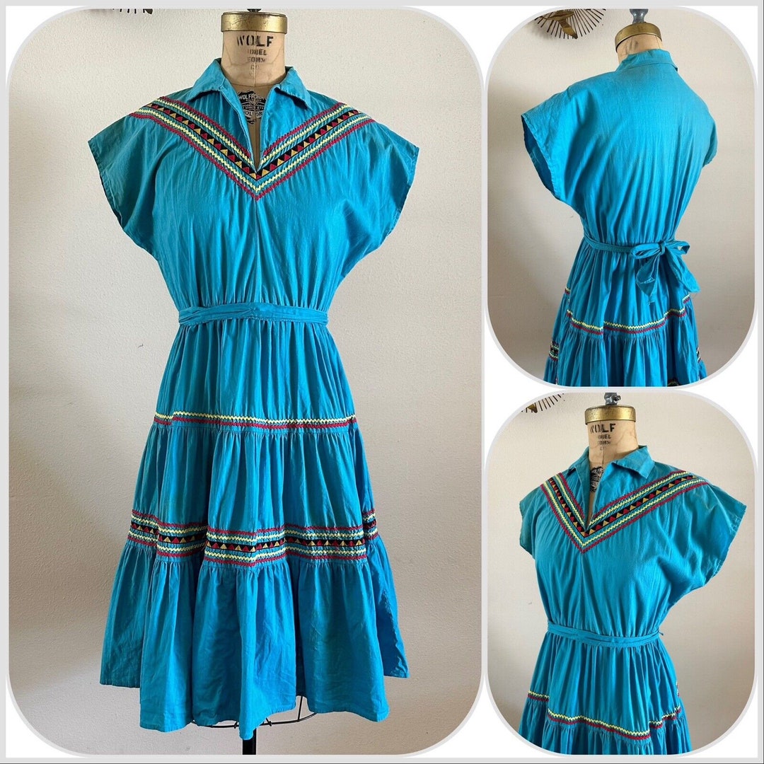 1950s Western Patio Dress Ric Rac Trim Southwestern Cotton Fiesta Bow ...