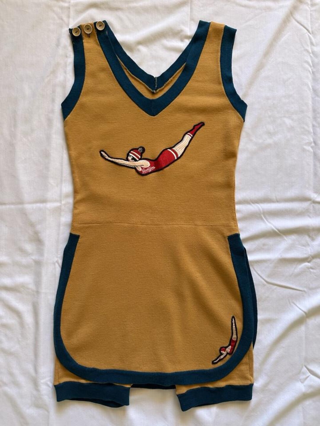 1980s Jantzen Knit Swimsuit: Retro Diver Patch, One Piece Bathing Suit ...