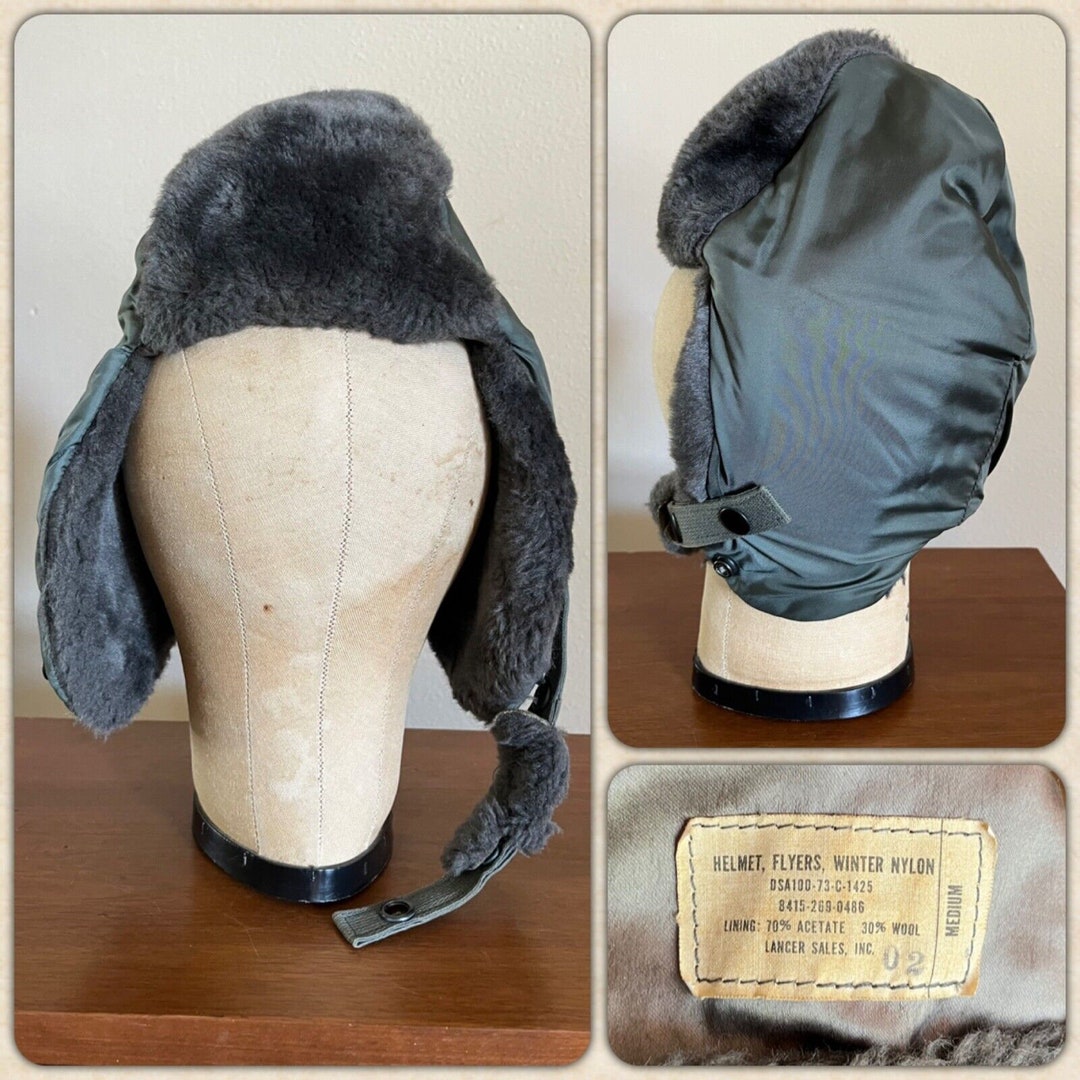 1973 US Air Force Winter Nylon Flyers Helmet Cap Sage Green 70s Flight ...