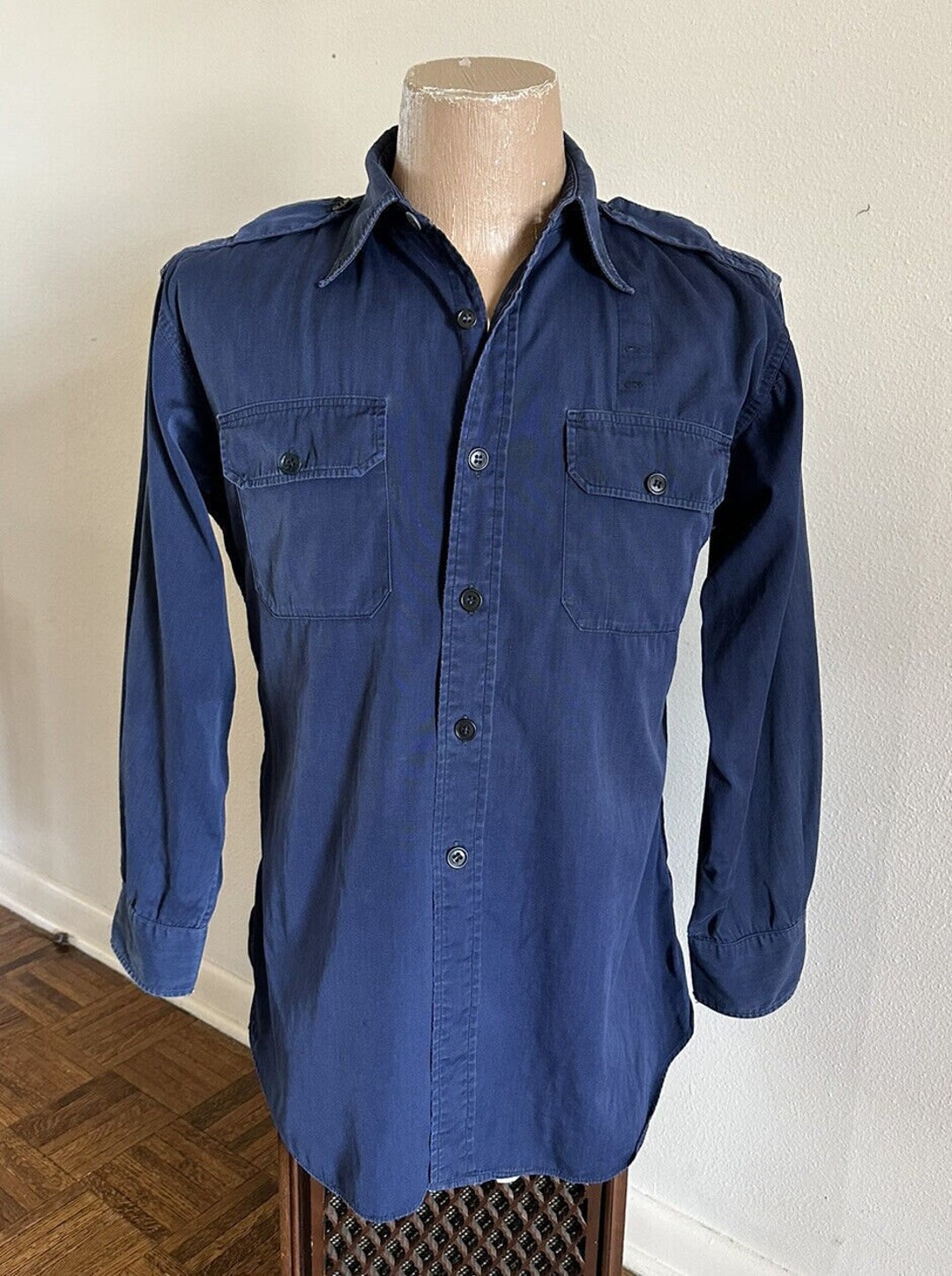 50s FECHHEIMER BROS Poplin SANFORIZED Workwear Navy Blue Shirt S / M ...