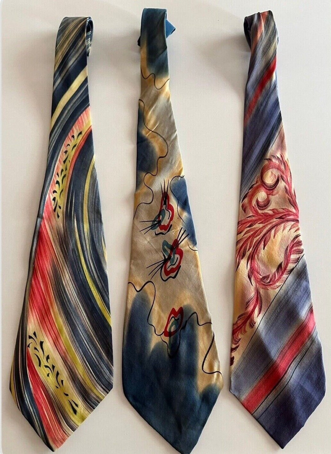 40s 50s Necktie Lot X3 Silk Hand Painted Art Deco Wide Tie Ties Atomic ...