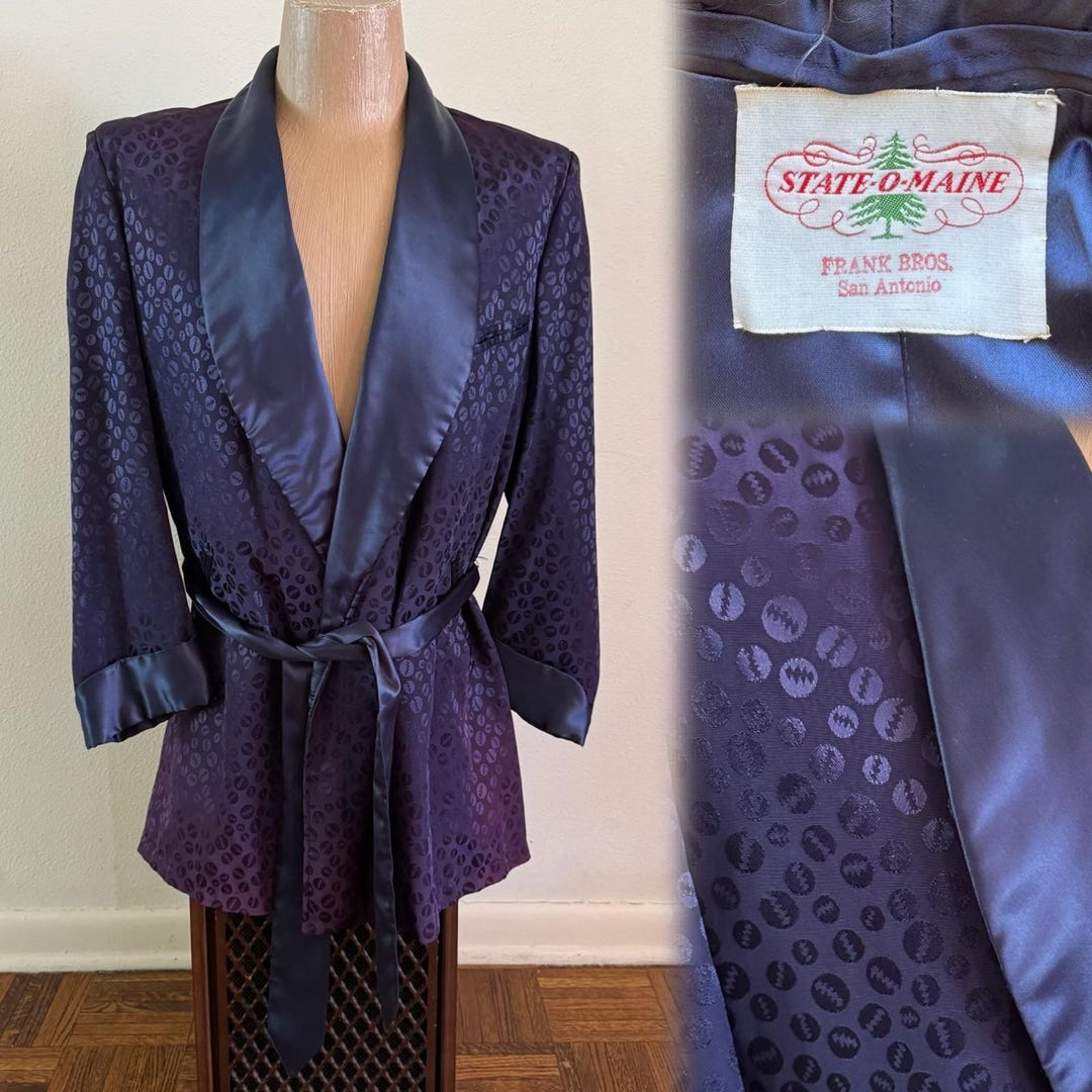 1950s State O Maine Shawl Collar Satin Robe, Smoking Jacket, Ombre ...