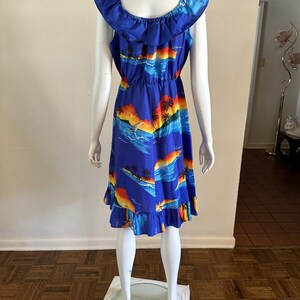 1980s Hawaiian Ruffle Sun Dress Aloha Print Sailboat Sunset Windsurf ...