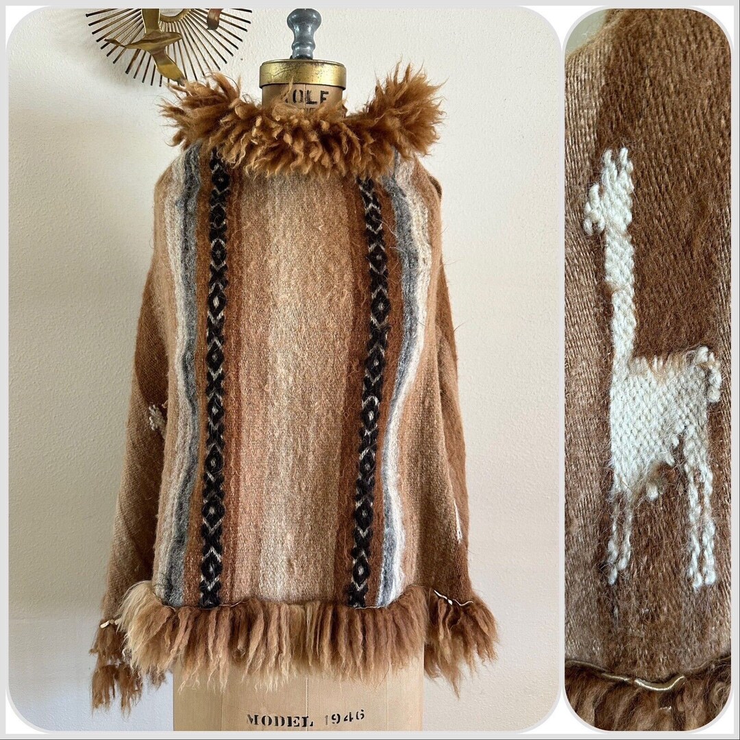 1960s Alpaca Wool Poncho Cape Fur Trim Boho Hippie Sweater Peru Shaman ...