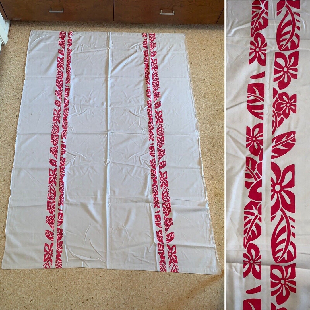 Vtg Hawaiian Block Print Floral Cotton TABLECLOTH Picnic Novelty Print ...