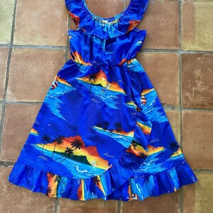 1980s Hawaiian Ruffle Sun Dress Aloha Print Sailboat Sunset Windsurf ...
