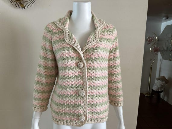 1960s Ilaria Italian Hand Knit Popcorn Trim Pastel St… - Gem