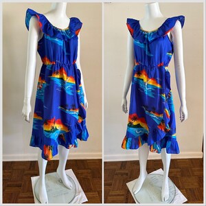 1980s Hawaiian Ruffle Sun Dress Aloha Print Sailboat Sunset Windsurf ...