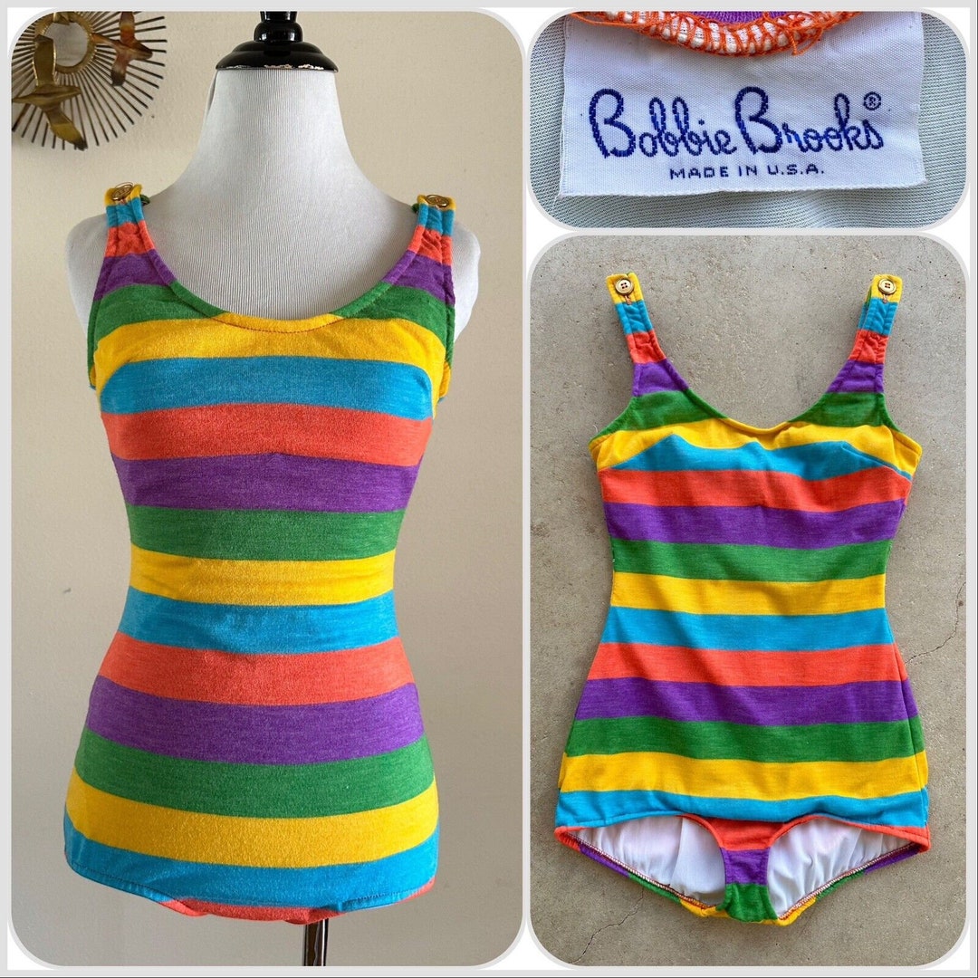 1960s Bobbie Brooks Swimsuit Rainbow Wide Striped Mod Surf Sun Top ...