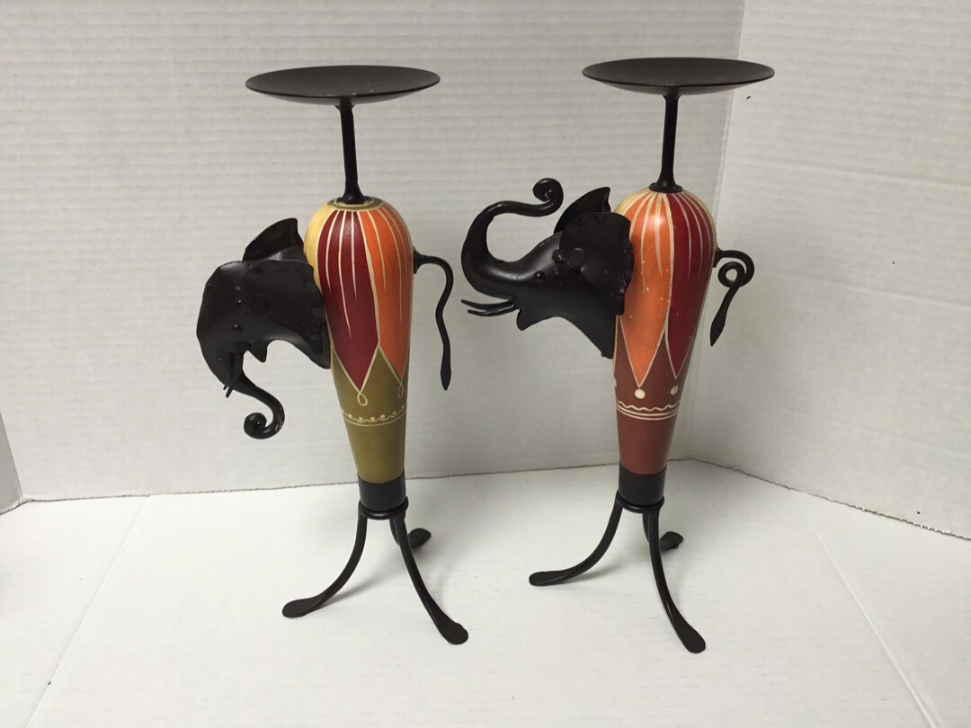 Vintage Wood & Metal Candle Holder Elephants. Set of 2 - Etsy