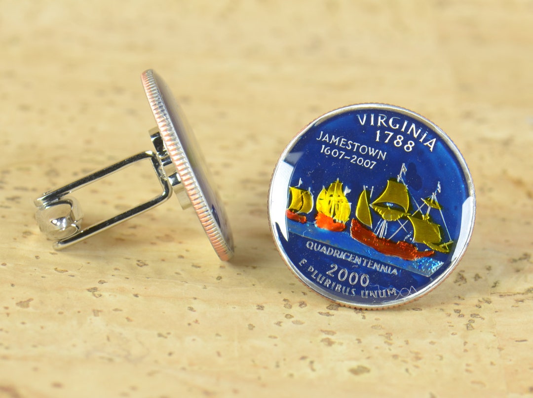 Enamelled Cuff Links - Hand Painted Virginia Quarter Coin - Blue ...