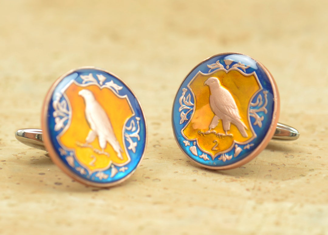 Hawk Cufflinks Isle of Man Mens Jewelry, Hand Painted Big Size 2 Pence ...