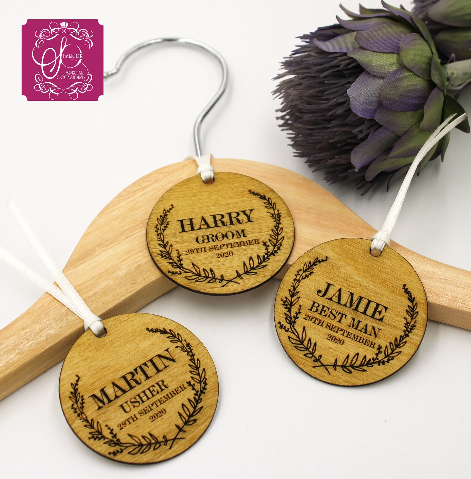 Wedding Coat Hanger Tag Round Wooden Tag With Engraved Detail Ideal for ...