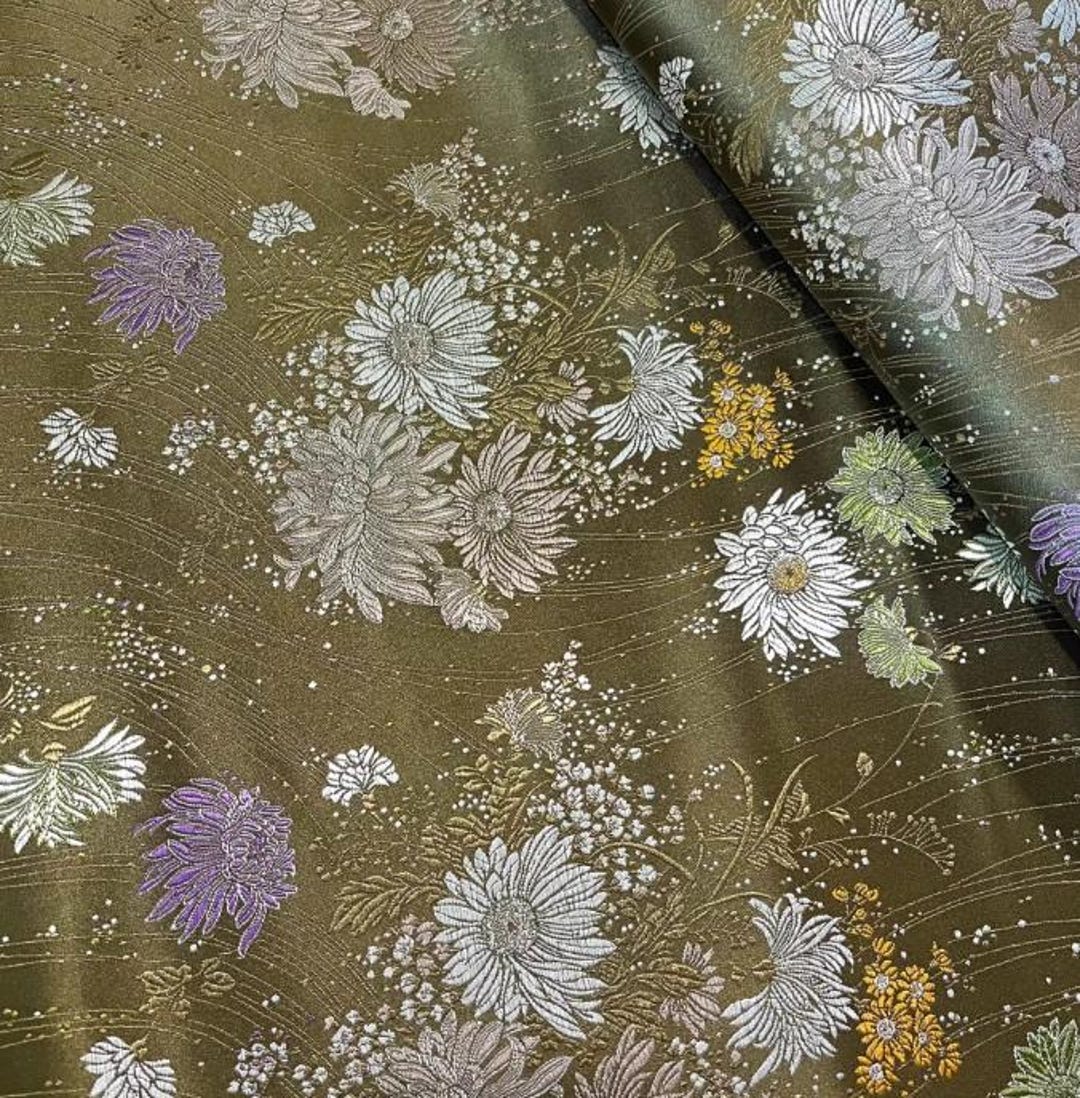 Sale-army Green Color Brocade Fabric With Daisy Pattern, Cosplay Dress ...