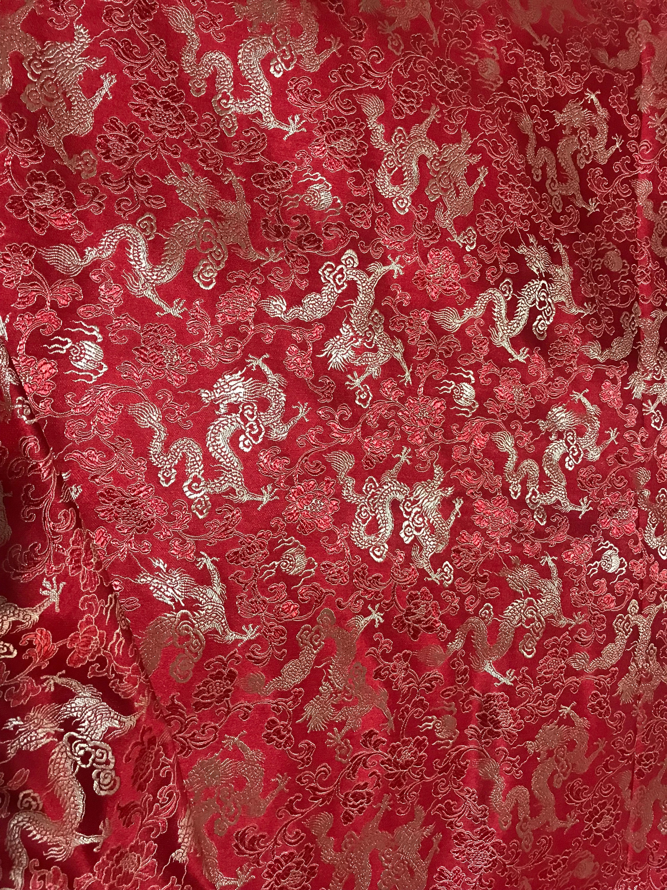 Red Color Brocade Fabric With Golden Dragon Pattern, Jacquard Fabric ...