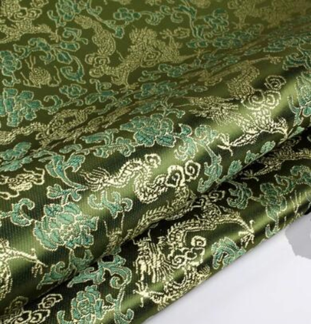 Army Green Color Brocade Fabric With Gold Dragon Pattern, Dragon Style ...