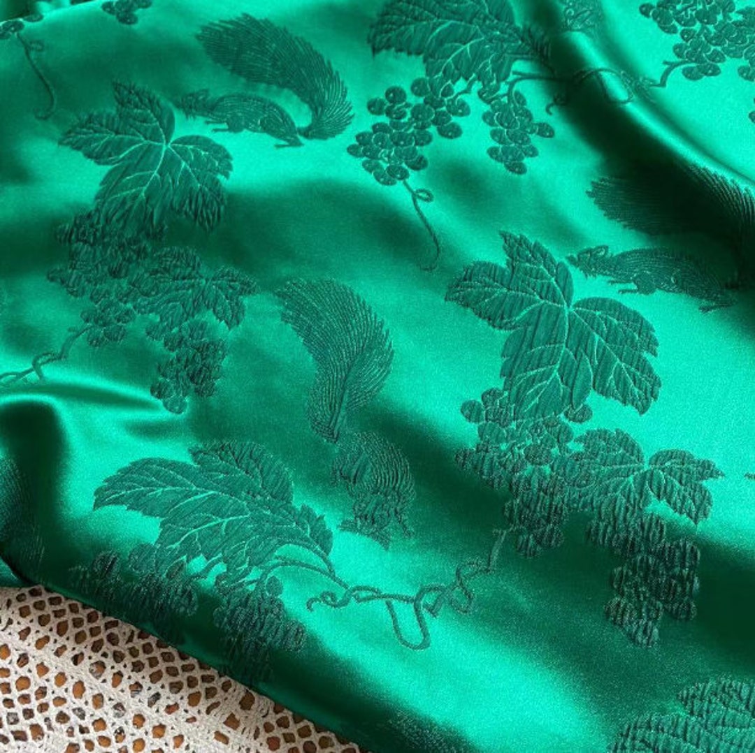 Dark Green Color Fabric, Silk Jacquard Fabric, Animal and Flower Fabric ...
