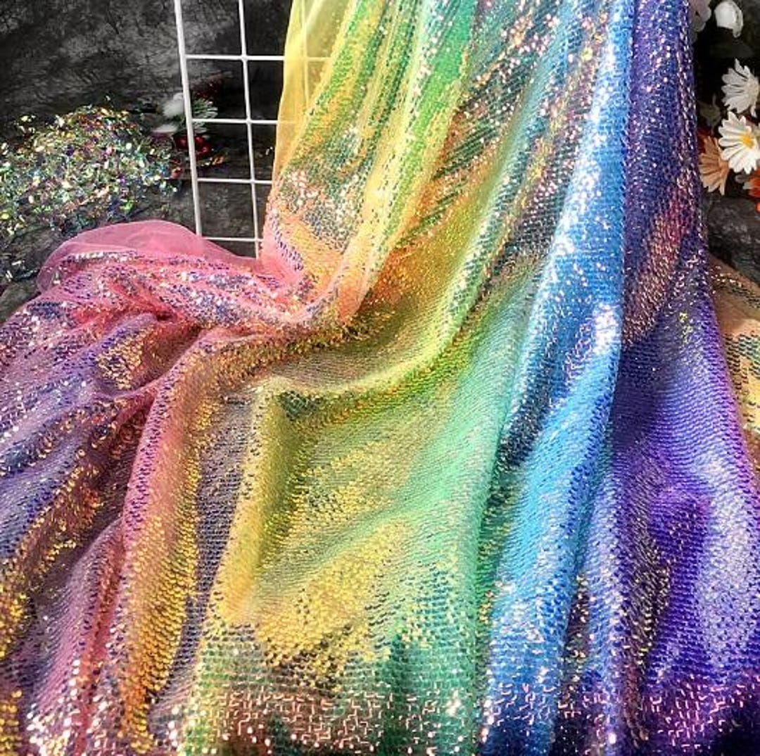 Colorful Rainbow Super Shiny Sequins Fabric, Fish Scale Mesh Fabric ...