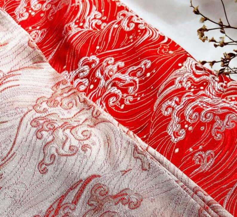 Red Color Brocade Fabric With Wave Pattern, Jacquard Fabric, Dragon ...