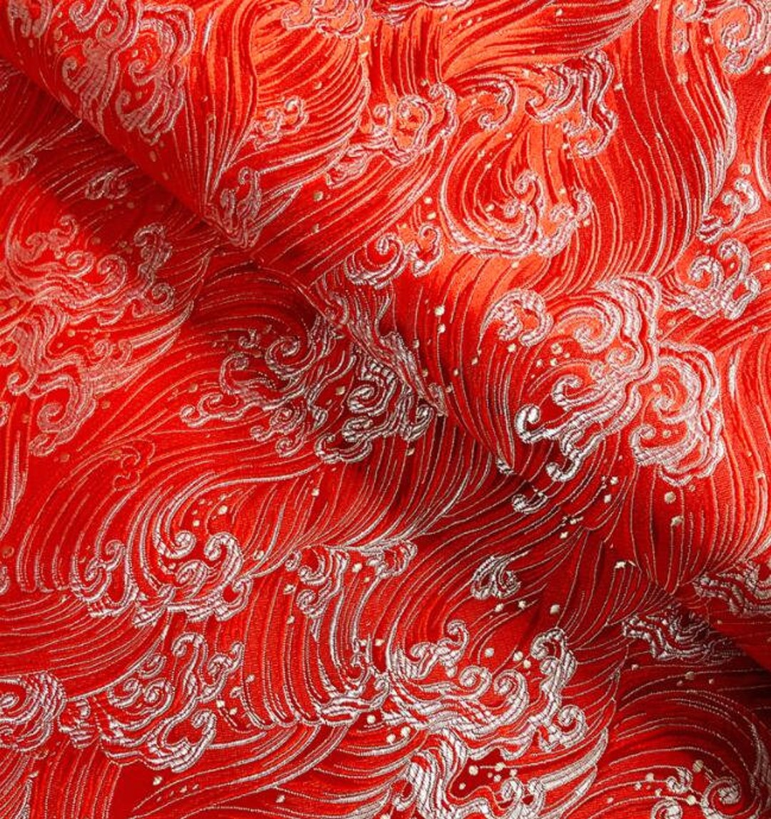 Red Color Brocade Fabric With Wave Pattern, Jacquard Fabric, Dragon ...