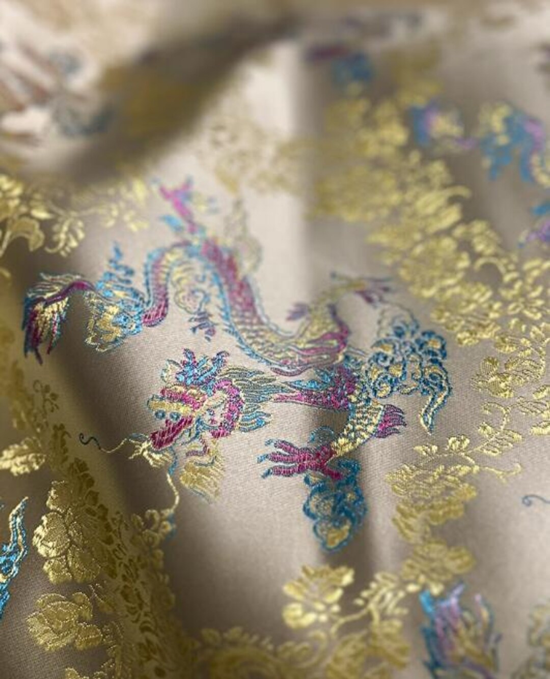 Blue Purple Color Dragon Brocade Fabric, Light Gold Color With Dragon ...