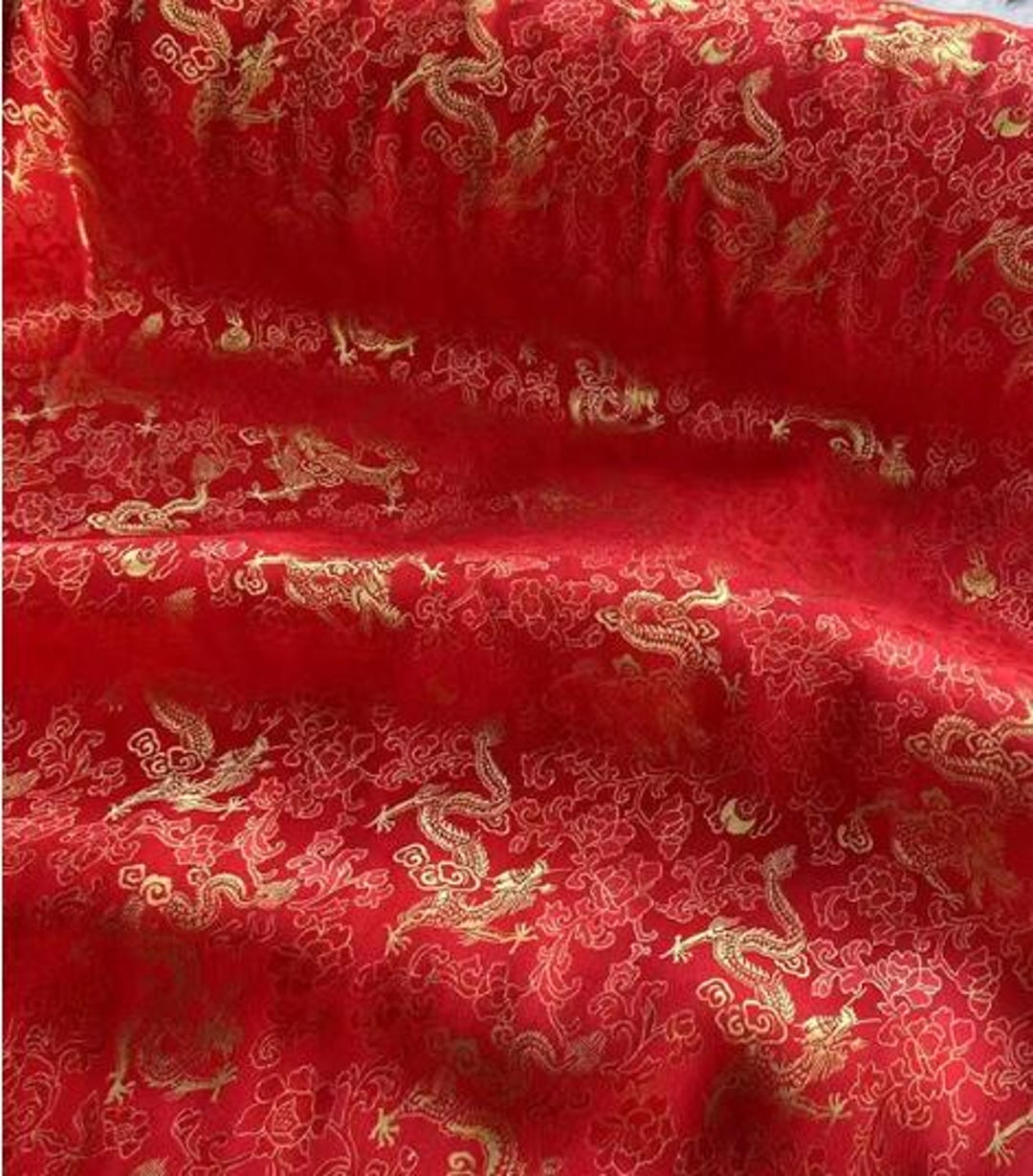 Red Color Silk Jacquard Fabric With Gold Dragon, Silk Brocade Fabric ...