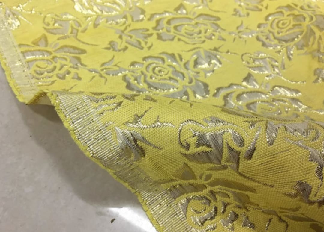 Bright Yellow Color Brocade Fabric With Rose Pattern, Jacquard Fabric ...