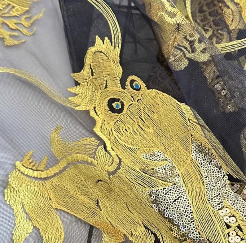 Black Background Mesh With Gold Dragon, Sequin Embroidery Patch, Qipao ...