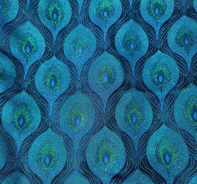 High Quality Peacock Blue Green Color Brocade Fabric With Peacock ...