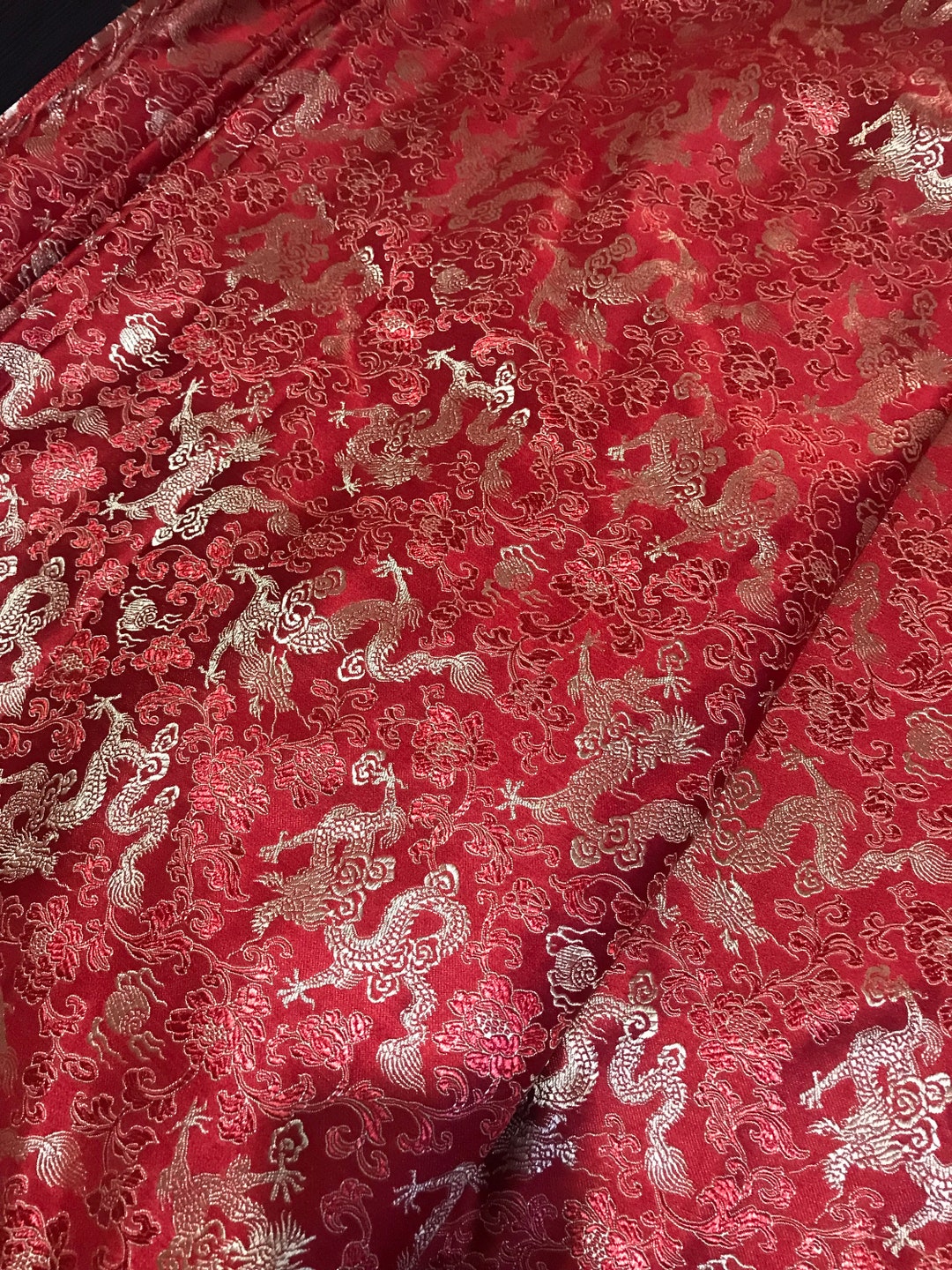 Red Color Brocade Fabric With Golden Dragon Pattern, Jacquard Fabric ...