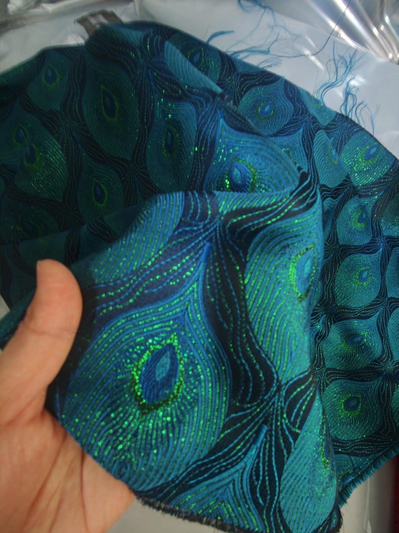 High Quality Peacock Blue Green Color Brocade Fabric With Peacock ...