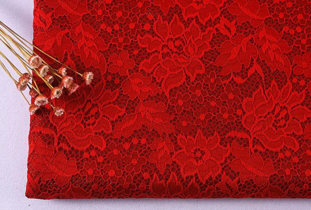 Red Lace Pattern Fabric, Elastic Brocade Knitted Fabric, Wedding Fabric ...