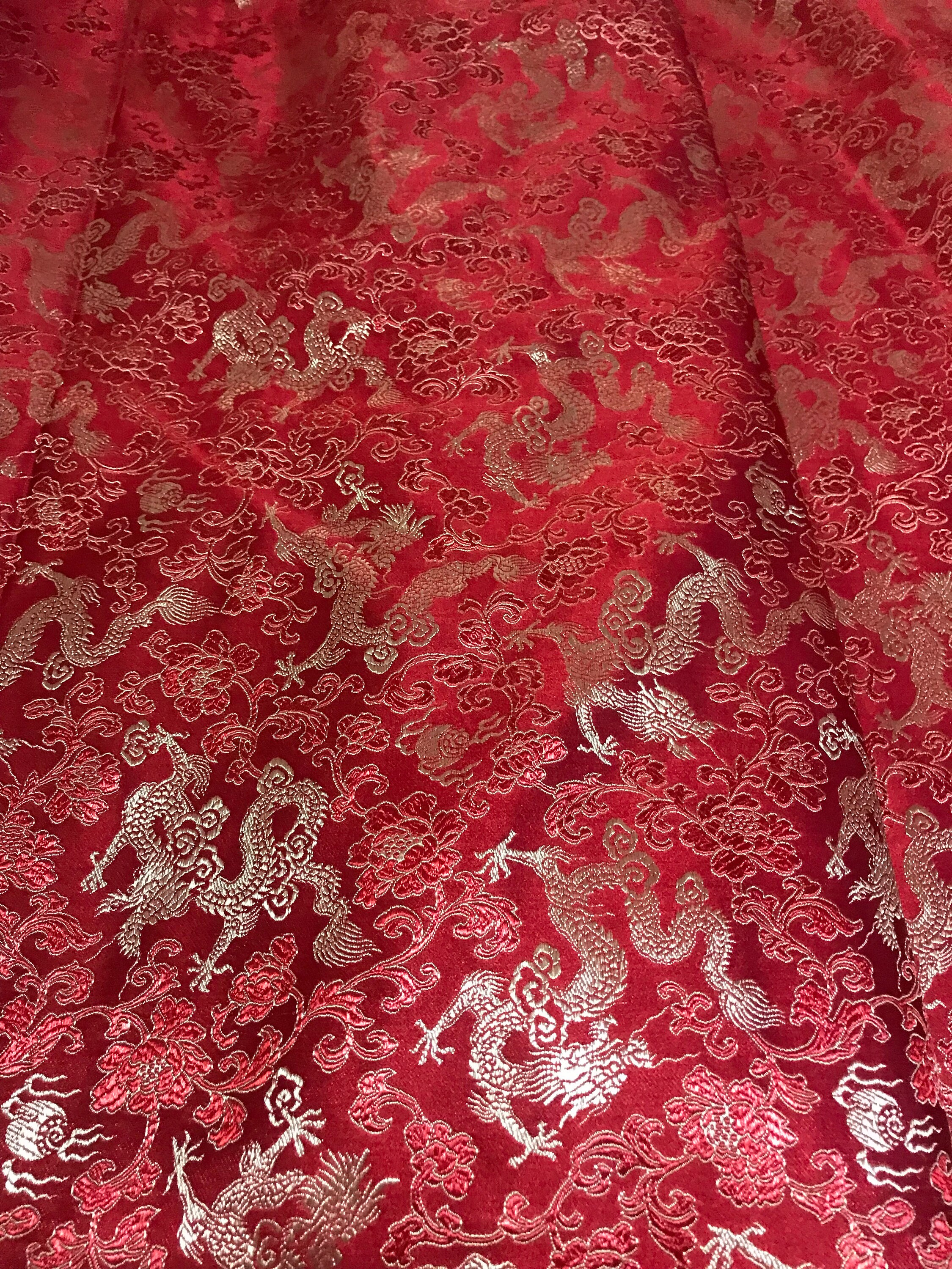 Red Color Brocade Fabric With Golden Dragon Pattern, Jacquard Fabric ...